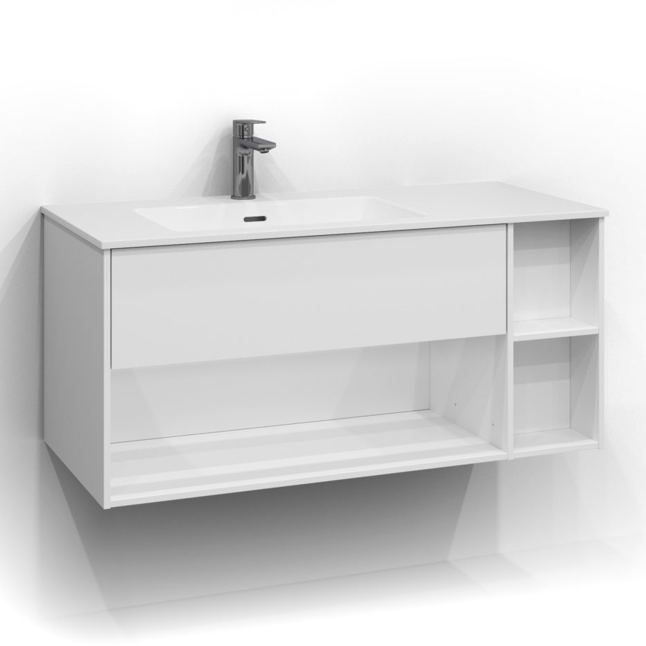 Tvättställsskåp Svedbergs Epos 100x45 med 1 Låda och Öppen Förvaring Vit, Plan, Inget handtag ...