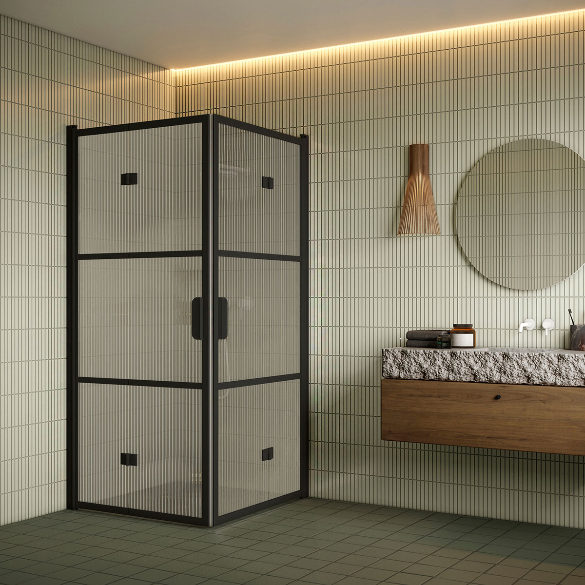 Duschhörn Hietakari Bläk 89A Tokyo Vikbara Dörrar 902 (A) x 902 (B) mm, Reeded, Svarta Profiler ...